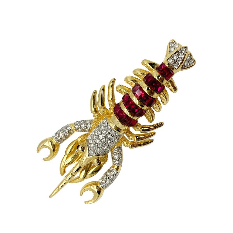 Vintage Lobster Ruby Crystal Brooch 1960s For Sale at 1stDibs
