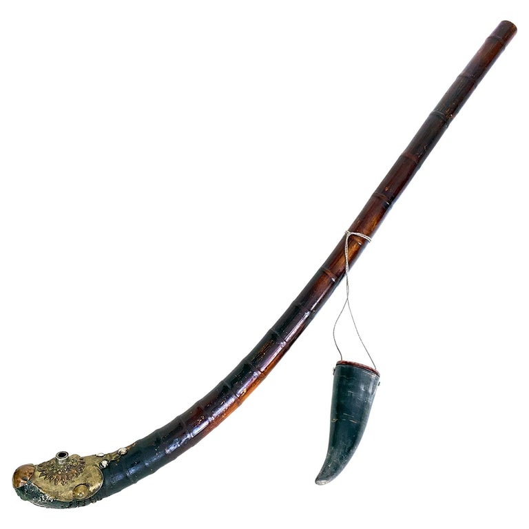 Vintage Long Bamboo Pipe with Horn Tobacco Container, Chinese, 20th ...