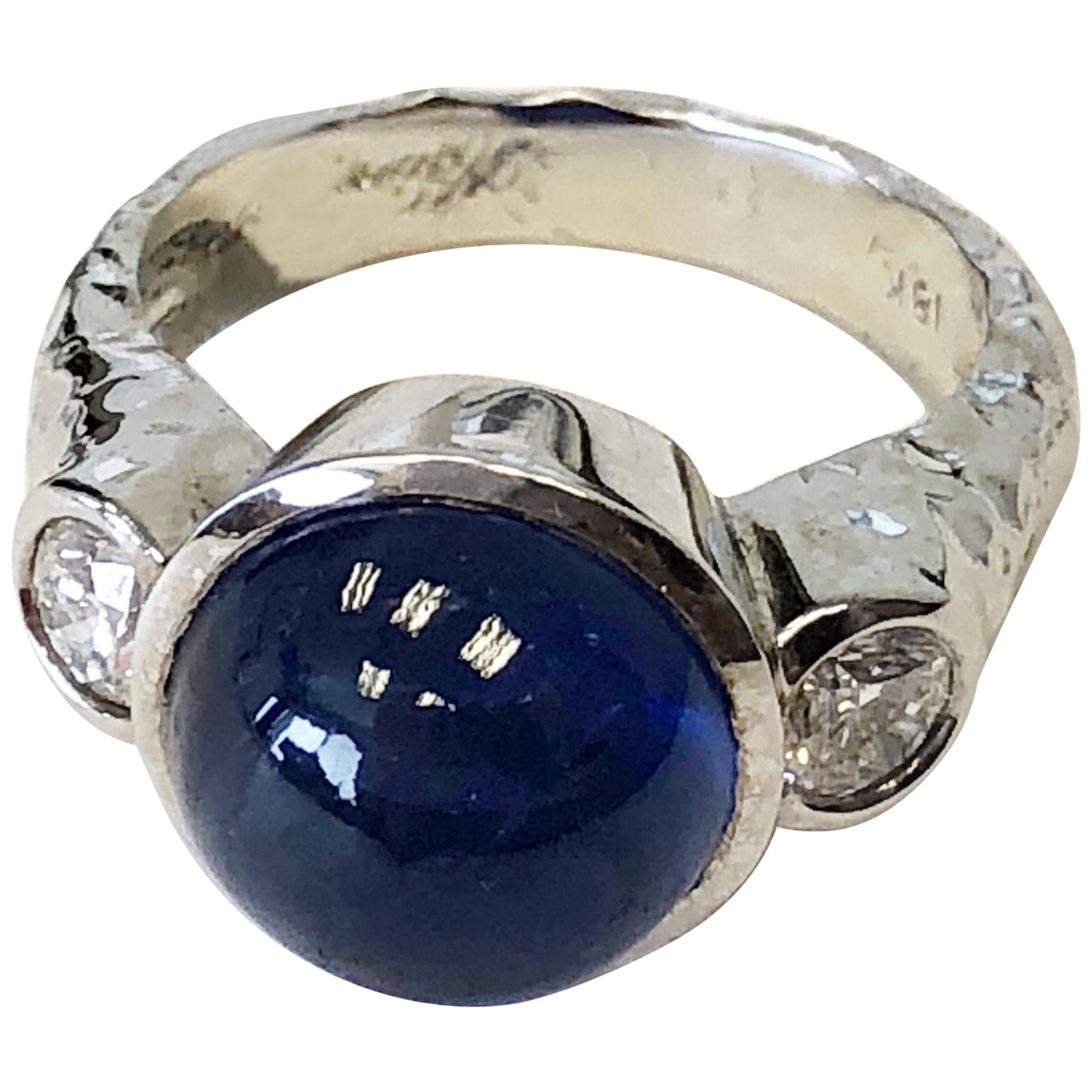 Vintage Look Blue Sapphire Round Cabochon and Diamond Ring in 18 Karat ...