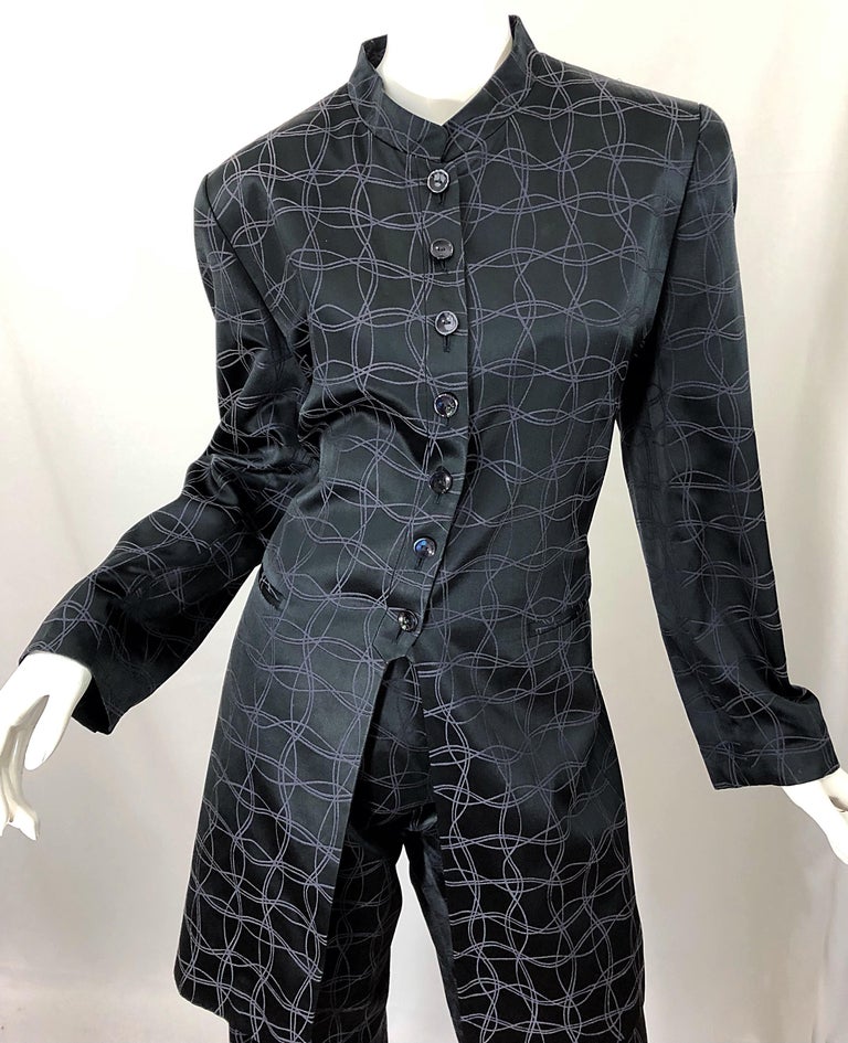 Vintage Louis Feraud Size 14 Black Silk Wide Leg Long Jacket Pant Suit ...