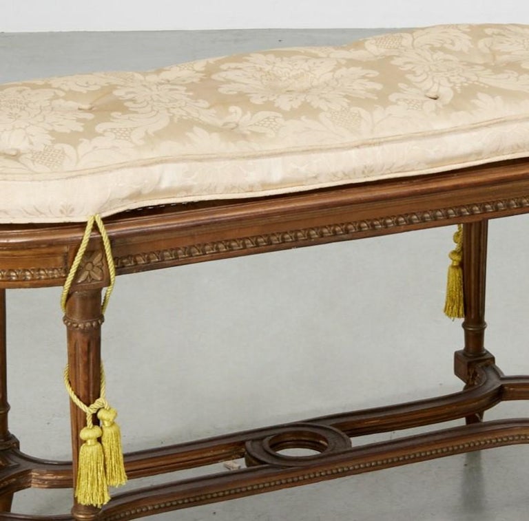 Vintage Louis XVI Style Caned Window Bench with Cream Damask Cushion ...