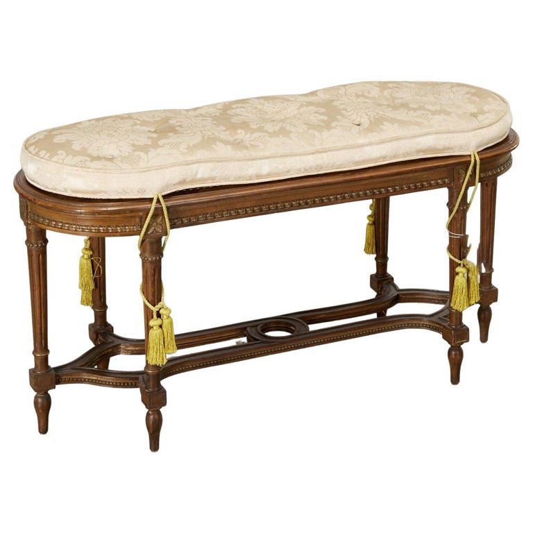 Vintage Louis XVI Style Caned Window Bench with Cream Damask Cushion ...