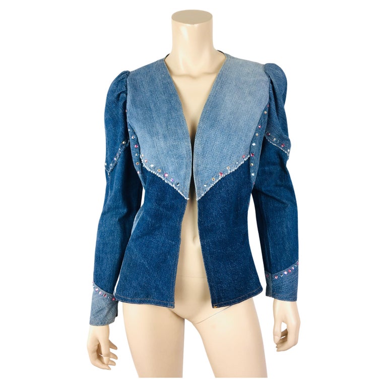 Vintage Love Melody Patchwork Denim Rhinestone Studded Top / Jacket For ...