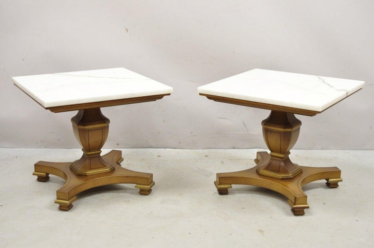 Vintage Low Marble Top Empire Style Pedestal Side Tables by Imperial, a ...