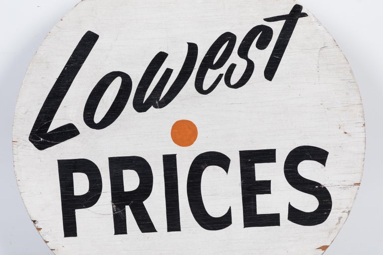 Vintage "Lowest Prices" Grocery Market Trade Sign For Sale at 1stDibs