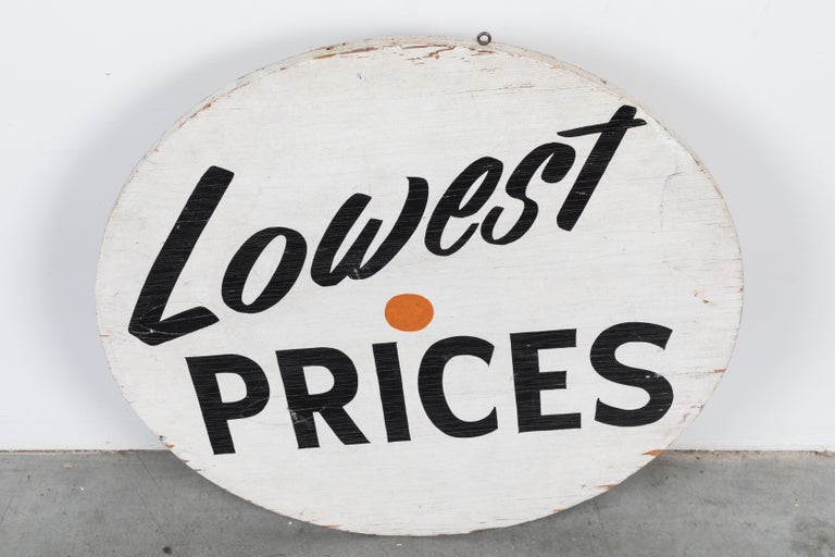 Vintage "Lowest Prices" Grocery Market Trade Sign For Sale at 1stDibs