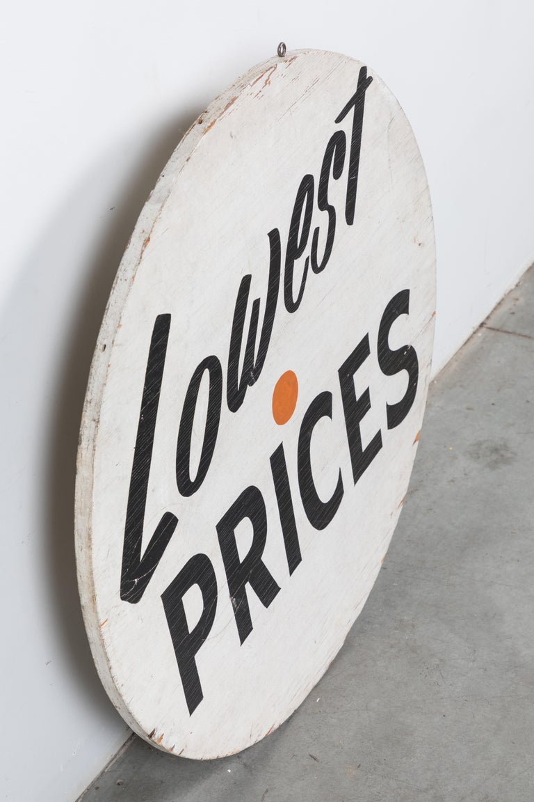 Vintage "Lowest Prices" Grocery Market Trade Sign For Sale at 1stDibs