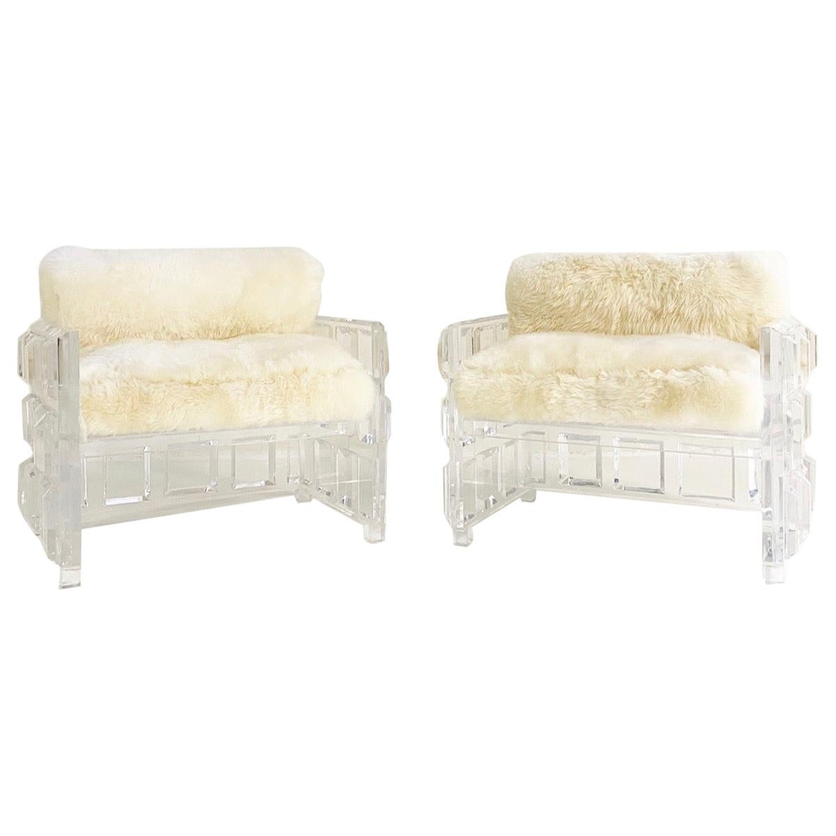 Vintage Lucite Lounge Chairs with New Brazilian Sheepskin Cushions ...
