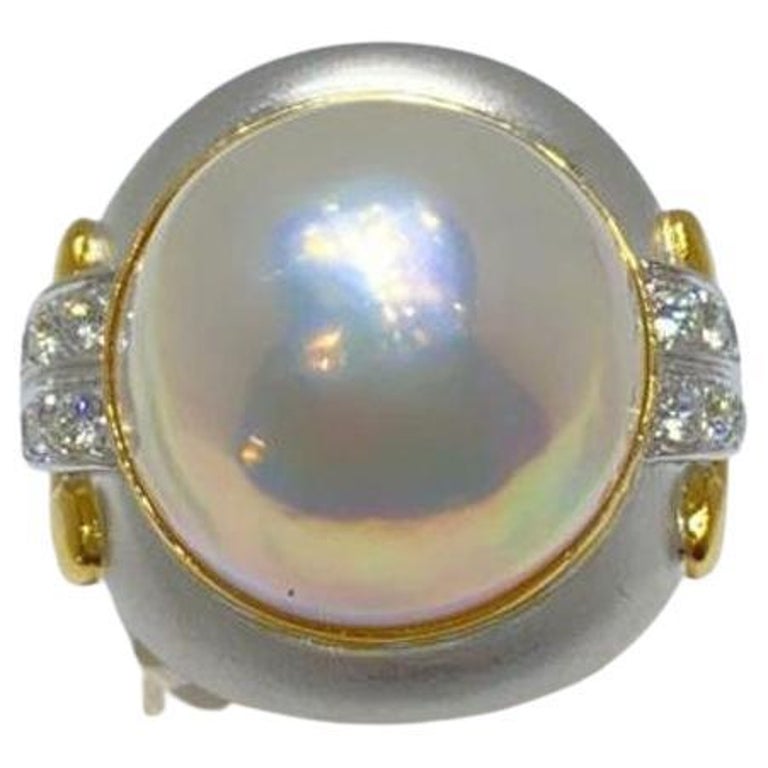 Vintage Mabe Pearl Diamond Rings and Earrings set in 18 Karat Matte ...