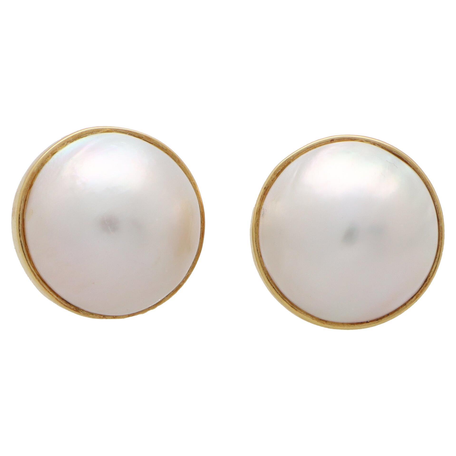 Vintage 18 Karat Gold Genuine Mabé Pearl Diamond Earrings For Sale at ...