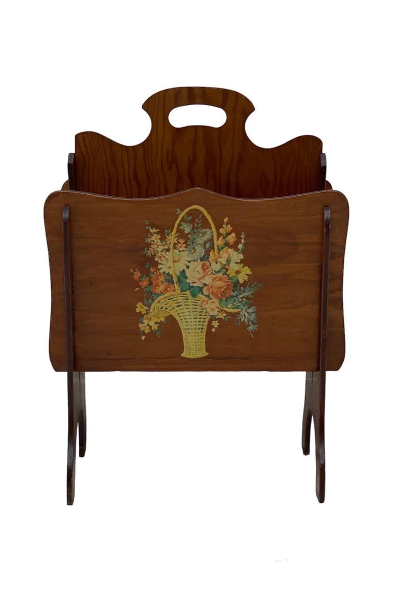 Vintage Magazine Rack with Hand Painted Floral Decal For Sale at 1stDibs
