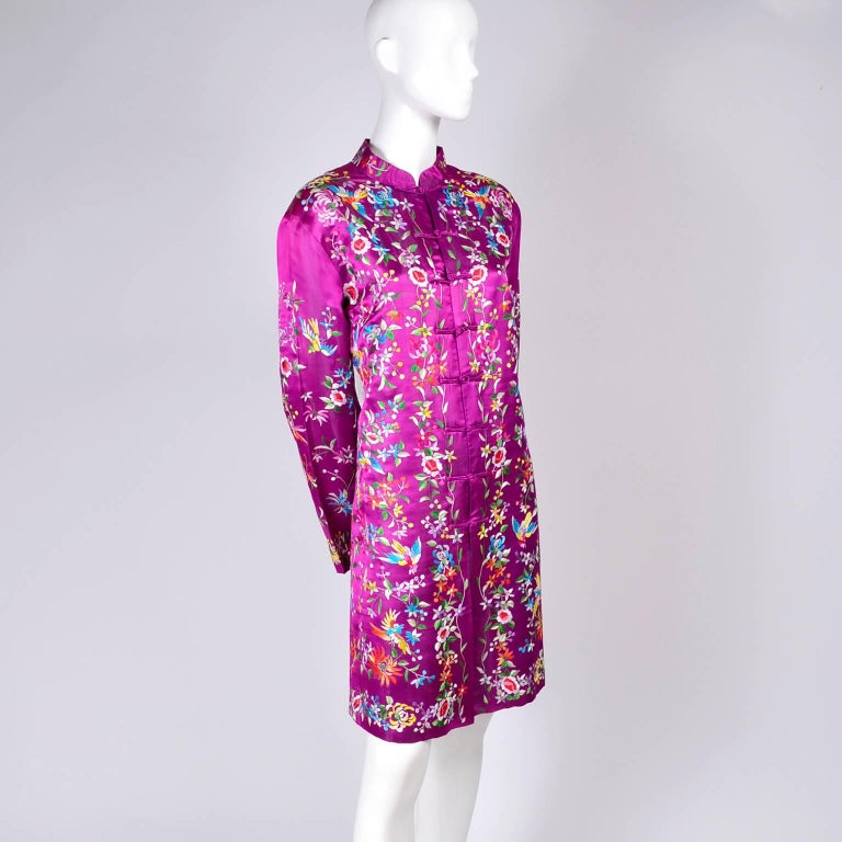 Vintage Magenta Pink Silk Chinese Jacket Embroidered w Colorful Flowers ...