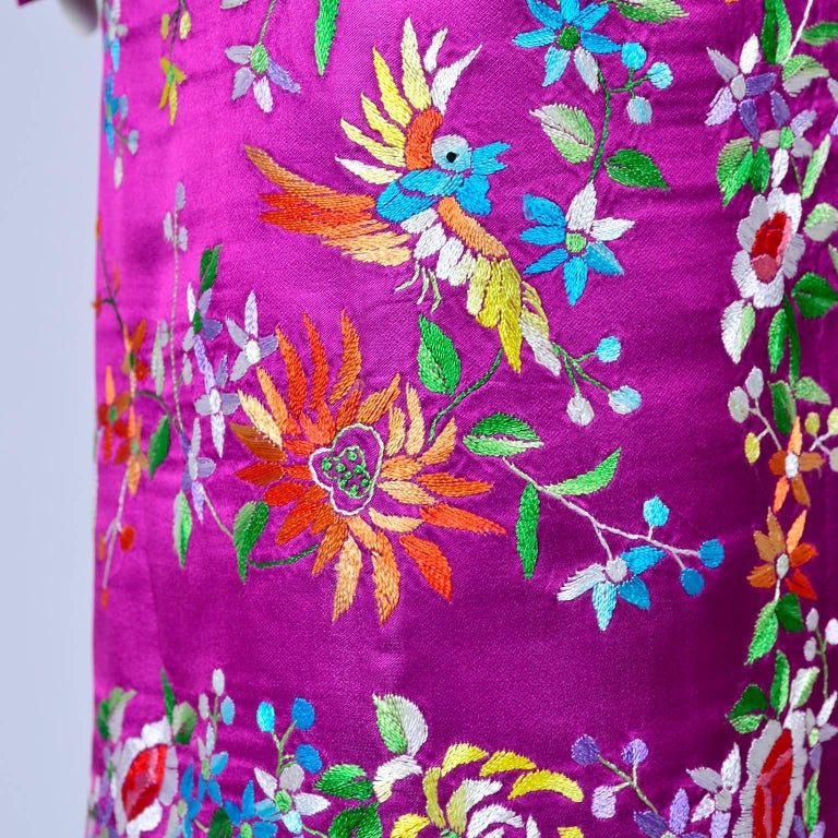 Vintage Magenta Pink Silk Chinese Jacket Embroidered w Colorful Flowers ...