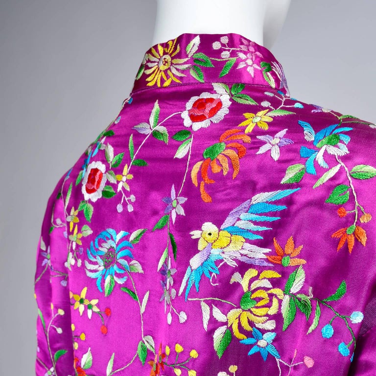 Vintage Magenta Pink Silk Chinese Jacket Embroidered w Colorful Flowers ...