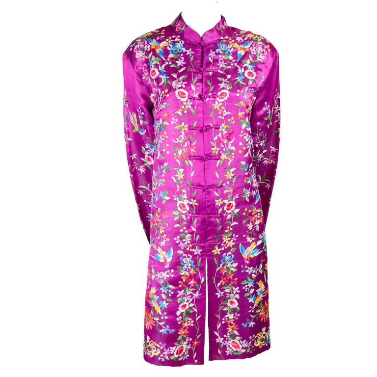 Vintage Magenta Pink Silk Chinese Jacket Embroidered w Colorful Flowers ...