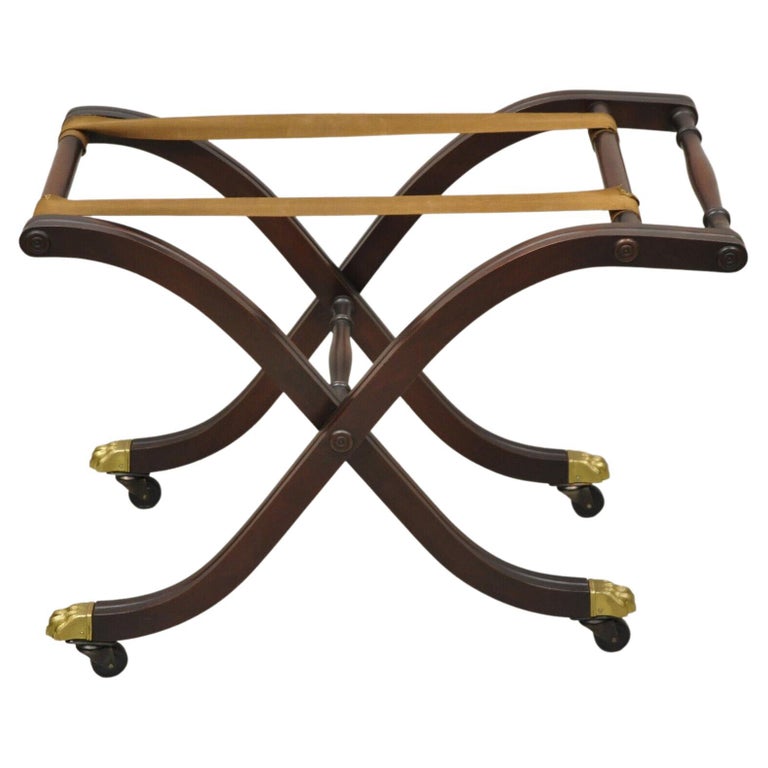 Vintage Mahogany Folding Luggage Rack Stand Rolling Brass Claw Feet ...