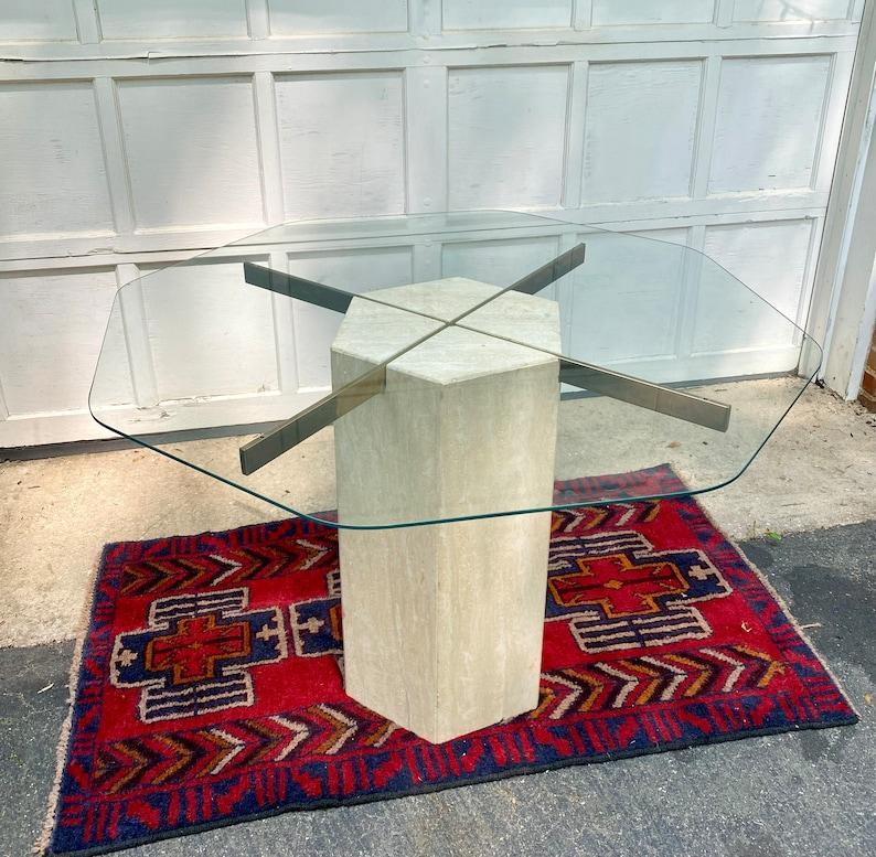 Vintage Maitland Smith Style Travertine Stone Dining Table With Glass ...