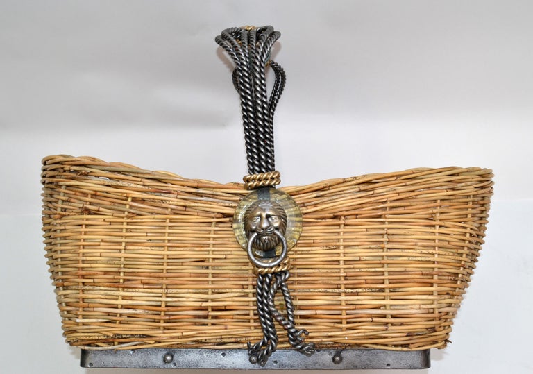 Vintage Maitland Smith Wicker Reed, Wrought Iron, Glass and Brass Lion ...