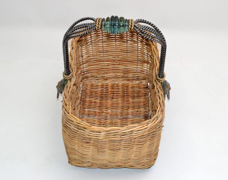 Vintage Maitland Smith Wicker Reed, Wrought Iron, Glass and Brass Lion ...