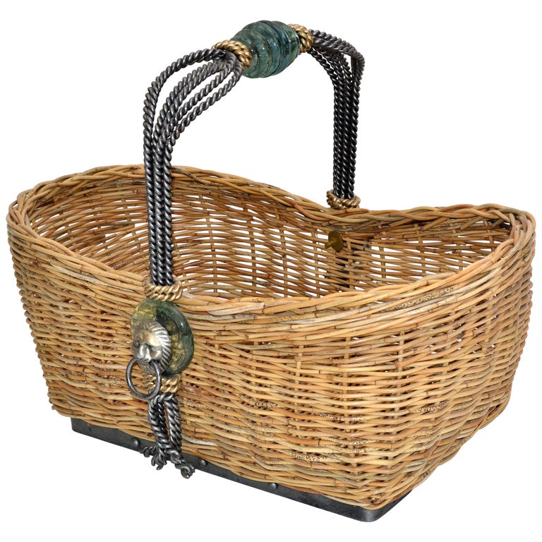 Vintage Maitland Smith Wicker Reed, Wrought Iron, Glass and Brass Lion ...
