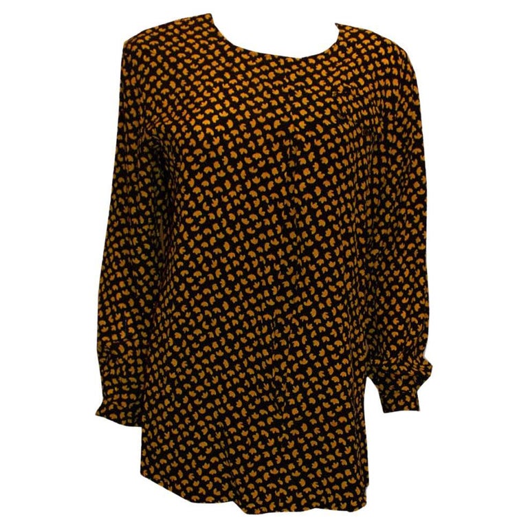 Vintage Mani Yellow and Black Leaf Print Silk Blouse For Sale at 1stDibs