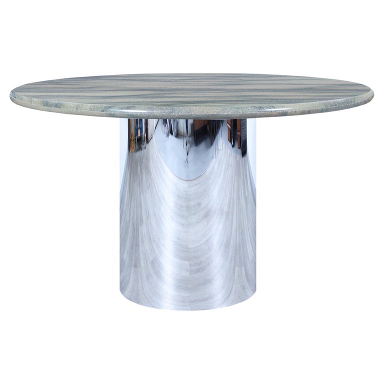 Vintage Marble and Stainless Steel Round Dining Table For Sale at 1stDibs