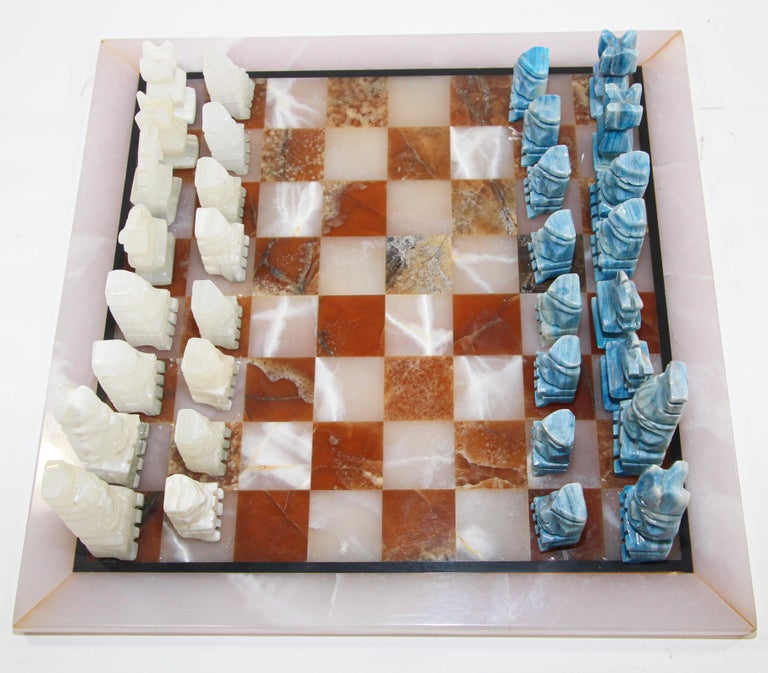 Vintage Marble Chess Board with Hand Carved Turquoise Onyx Pieces at ...
