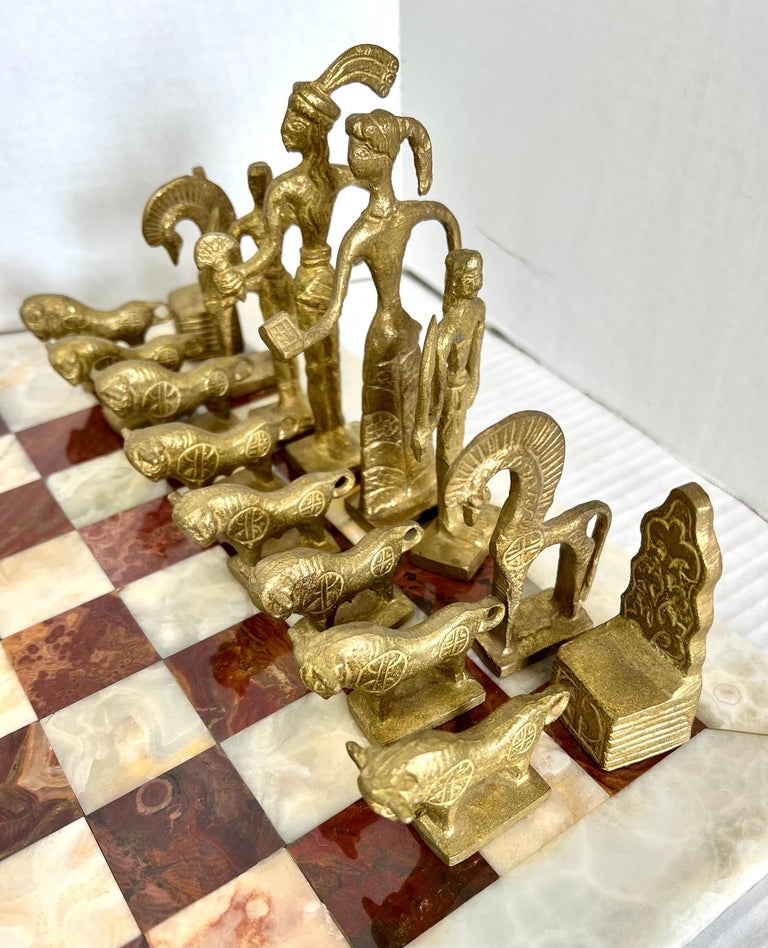Vintage Marble Chess Set with Brutalist Carved Bronze and Brass ...
