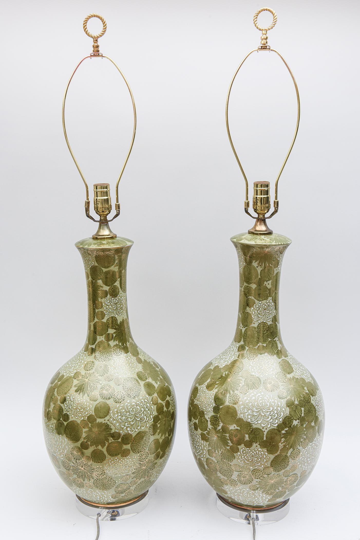 Marbro Lamp Co Hand Painted Green and Gold Porcelain Table Lamps Pair ...