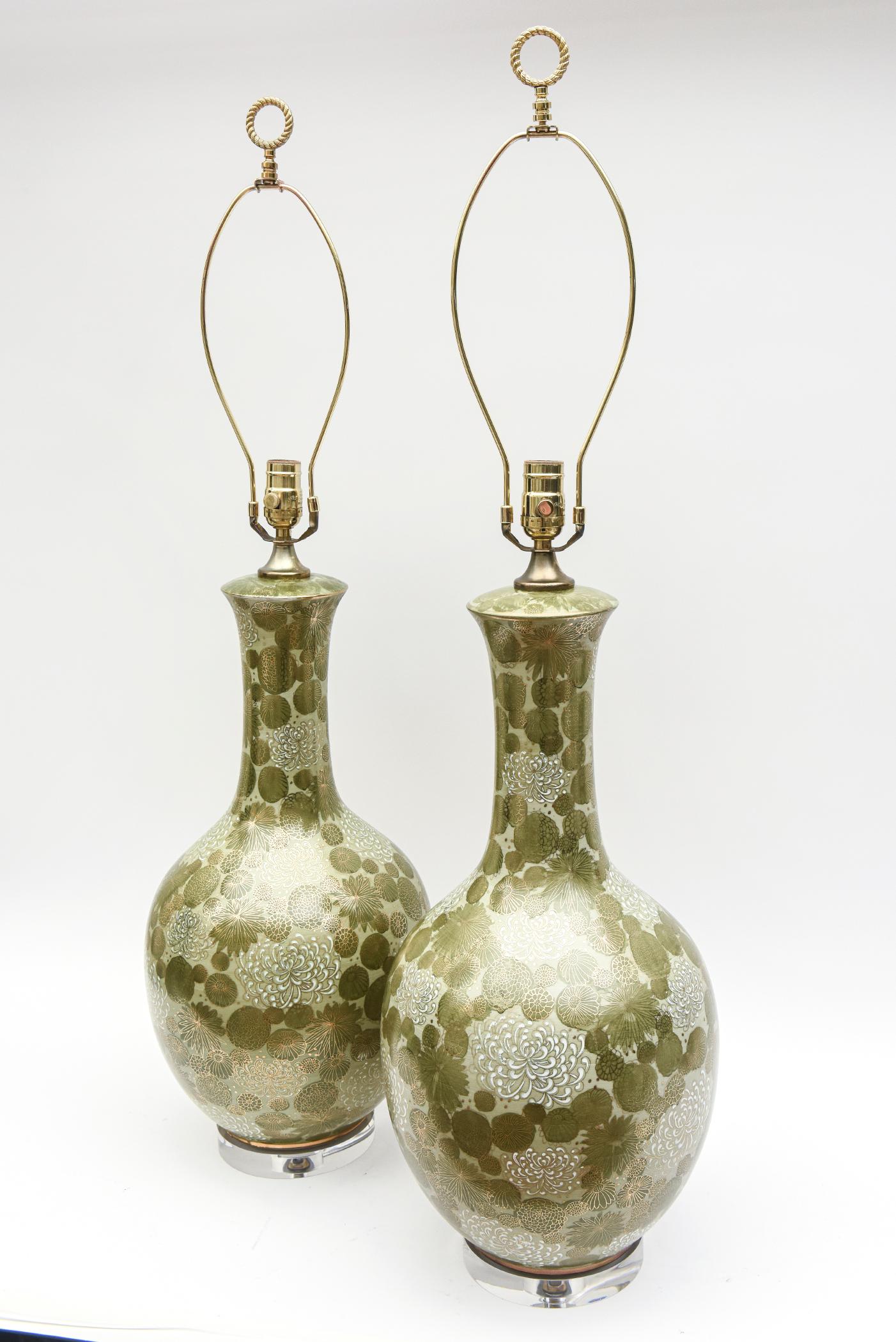 Marbro Lamp Co Hand Painted Green and Gold Porcelain Table Lamps Pair ...