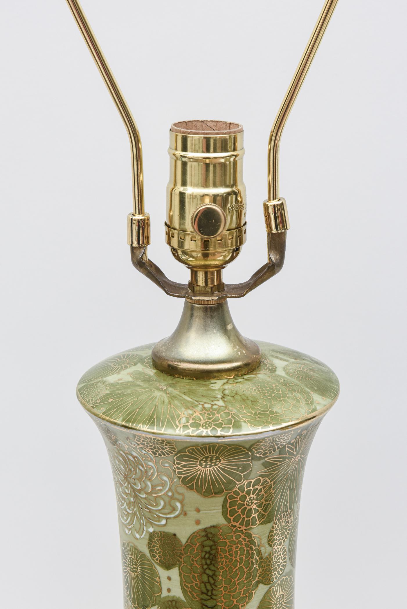 Marbro Lamp Co Hand Painted Green and Gold Porcelain Table Lamps Pair ...