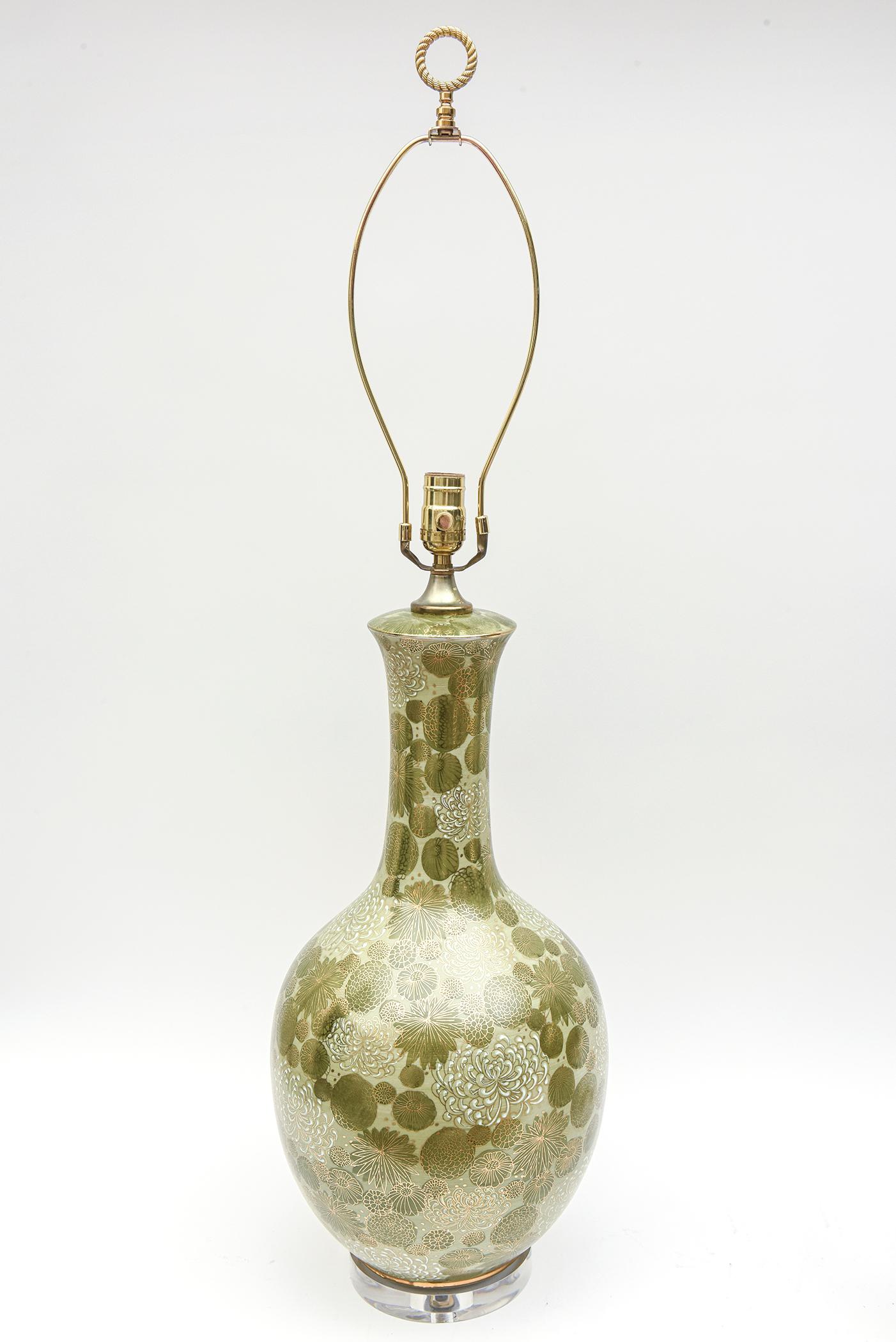 Marbro Lamp Co Hand Painted Green and Gold Porcelain Table Lamps Pair ...