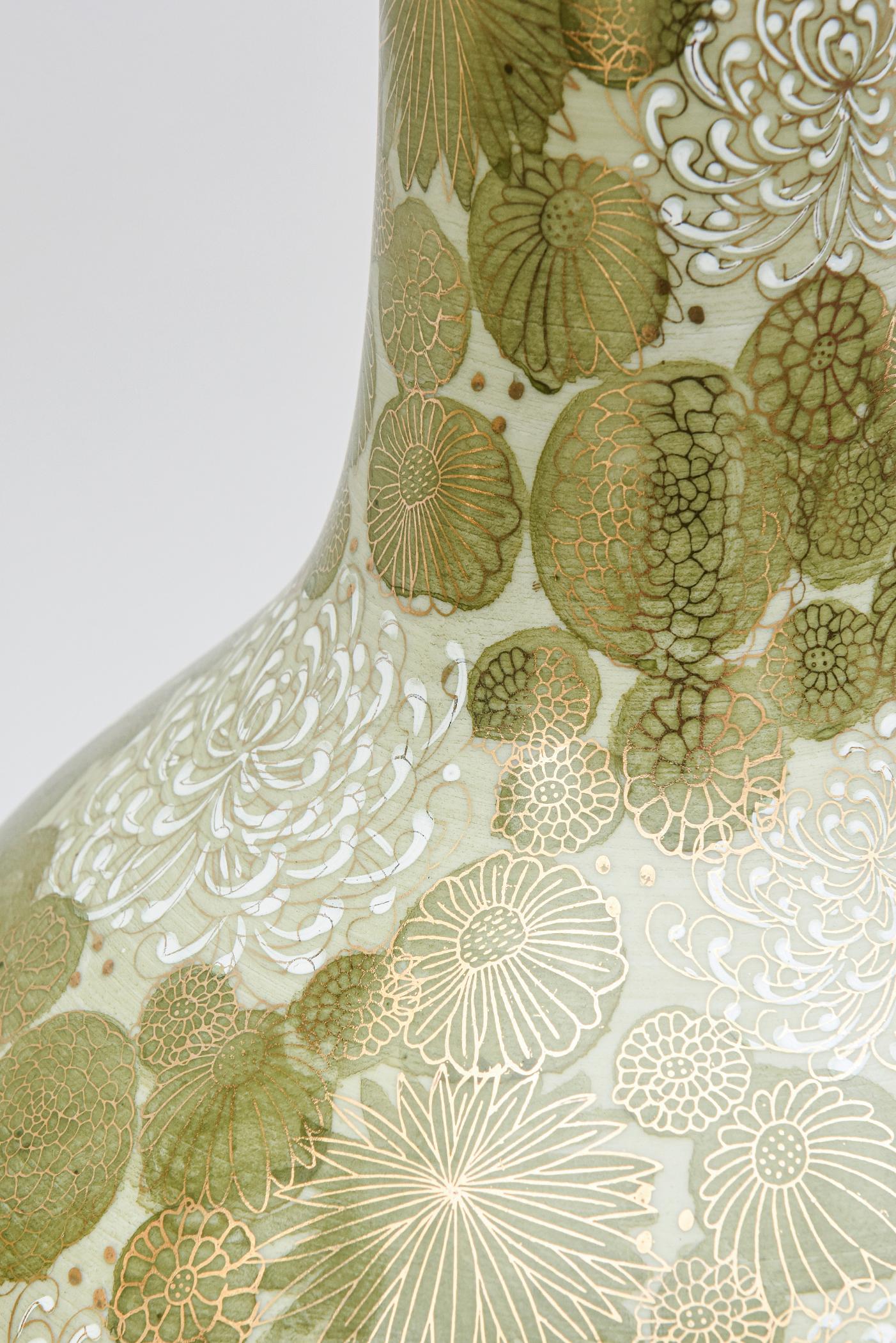 Marbro Lamp Co Hand Painted Green and Gold Porcelain Table Lamps Pair ...