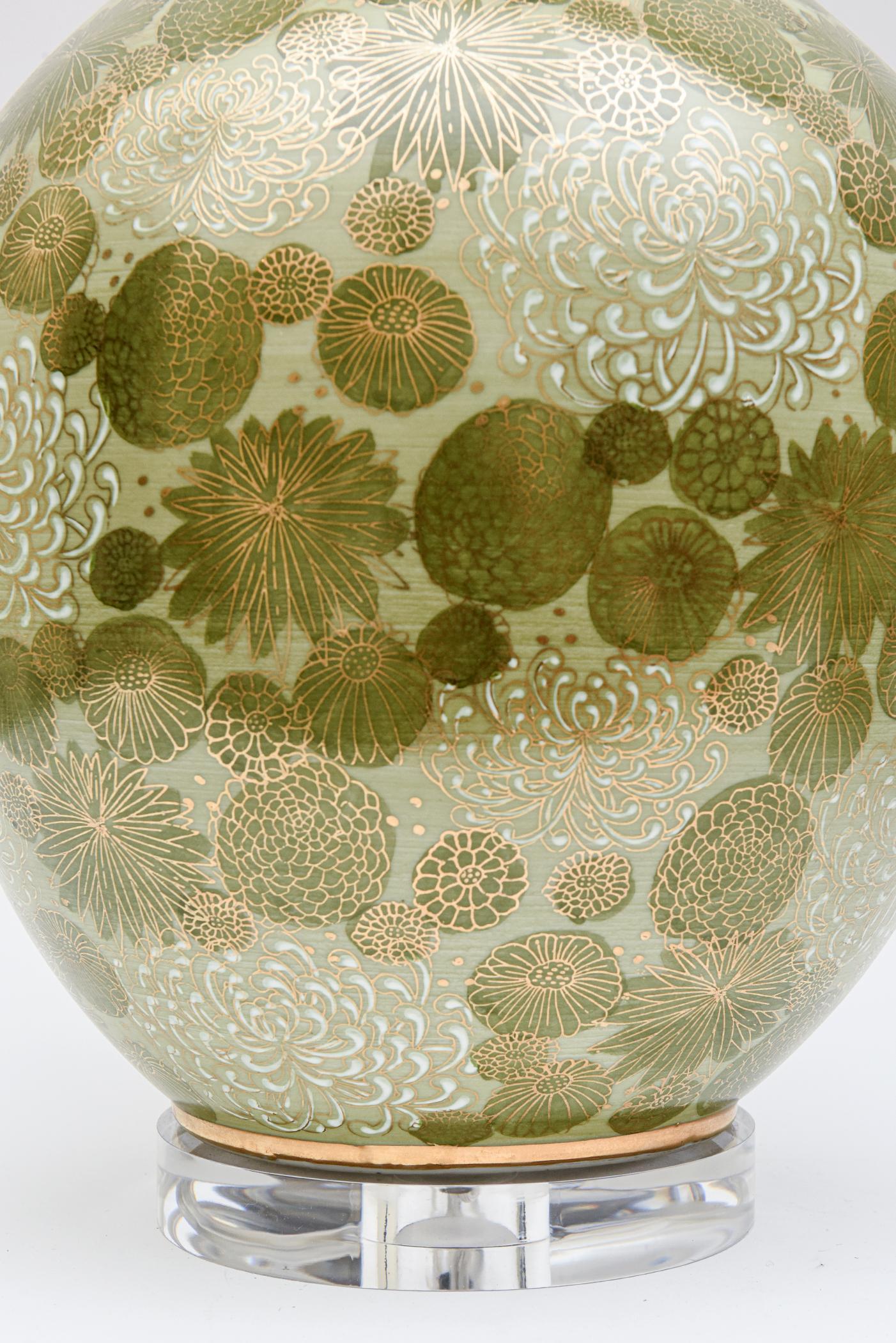 Marbro Lamp Co Hand Painted Green and Gold Porcelain Table Lamps Pair ...