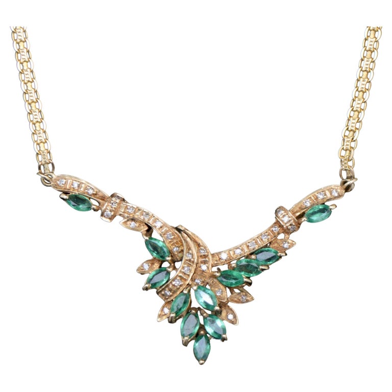 Vintage Marquise Cut Emerald Diamonds Necklace, 18K Gold For Sale at ...