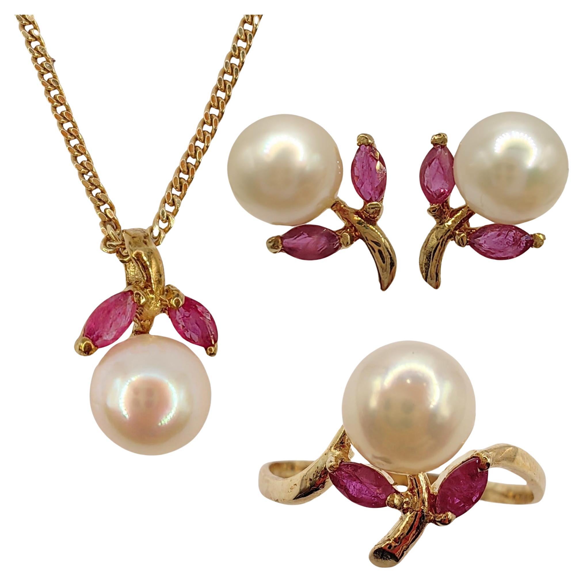 Vintage Marquise Cut Rubies and Pearl Ring Pendant Earrings Set in 14K ...