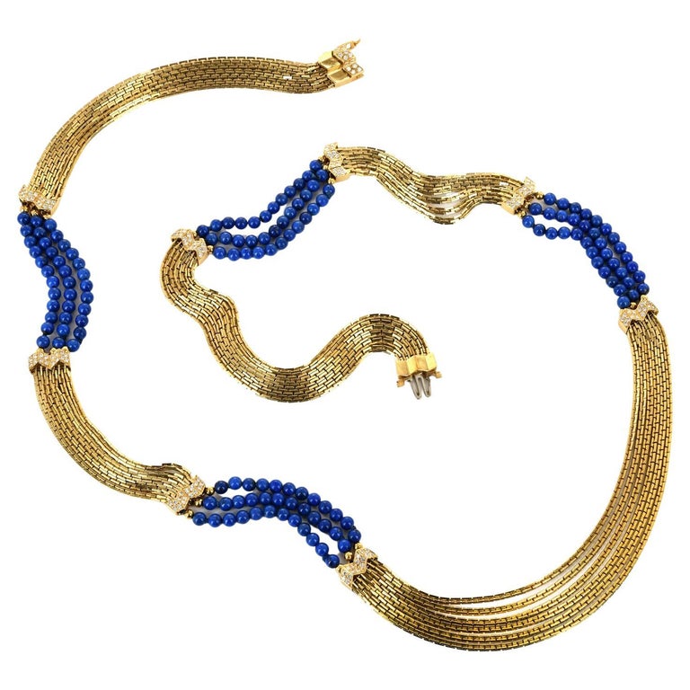 Vintage Marsha Barlow Diamond Lapis Bead Long Chain 18k Gold Necklace ...