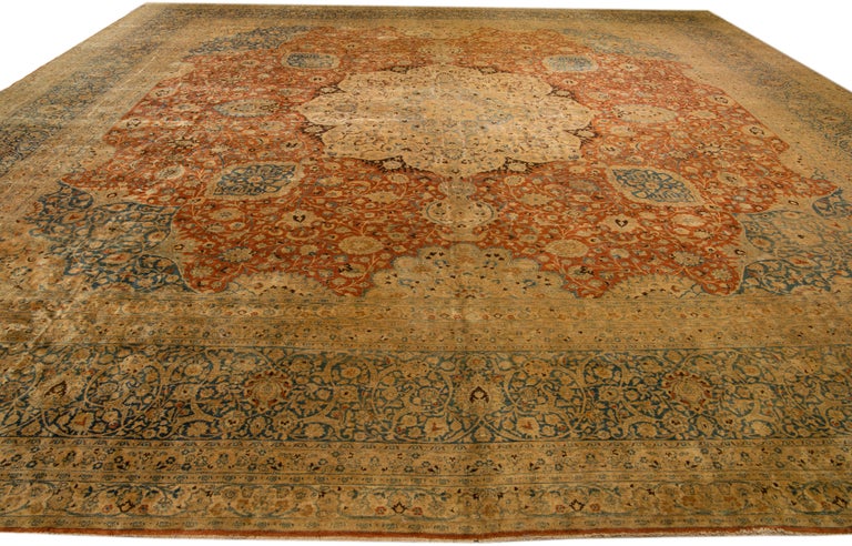Vintage Mashad Handmade Rust Square Persian Wool Rug with Medallion ...