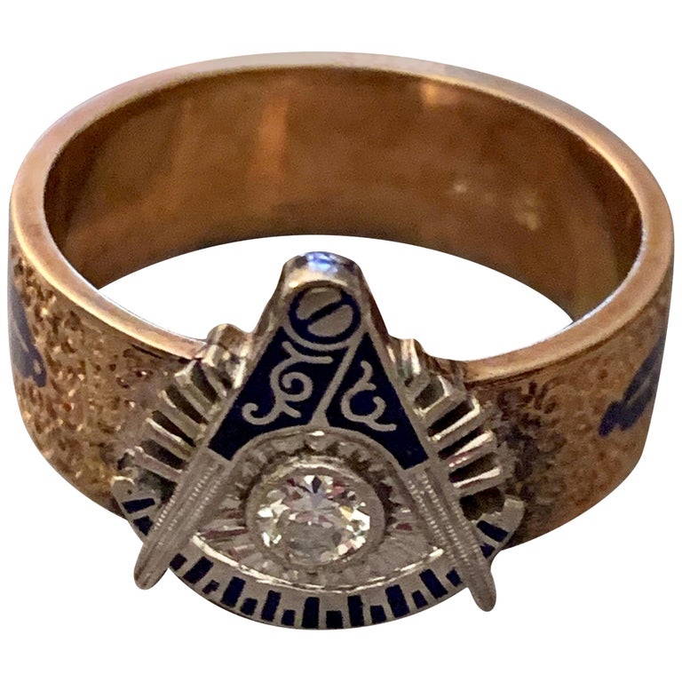 Vintage Masonic Brilliant Cut Diamond, Enamel and 14 Karat Yellow Gold ...
