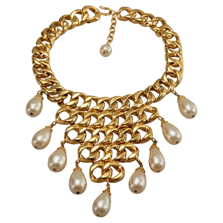Vintage Massive CHANEL Chain Pearl Drop Choker Necklace at 1stDibs