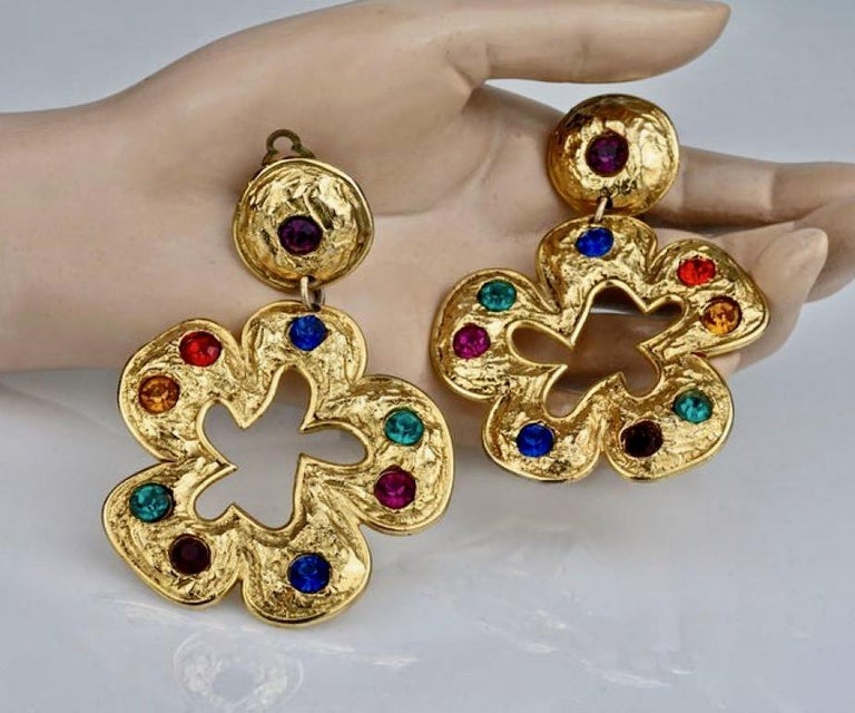 Vintage Massive EDOUARD RAMBAUD Jewelled Flower Dangling Earrings at ...
