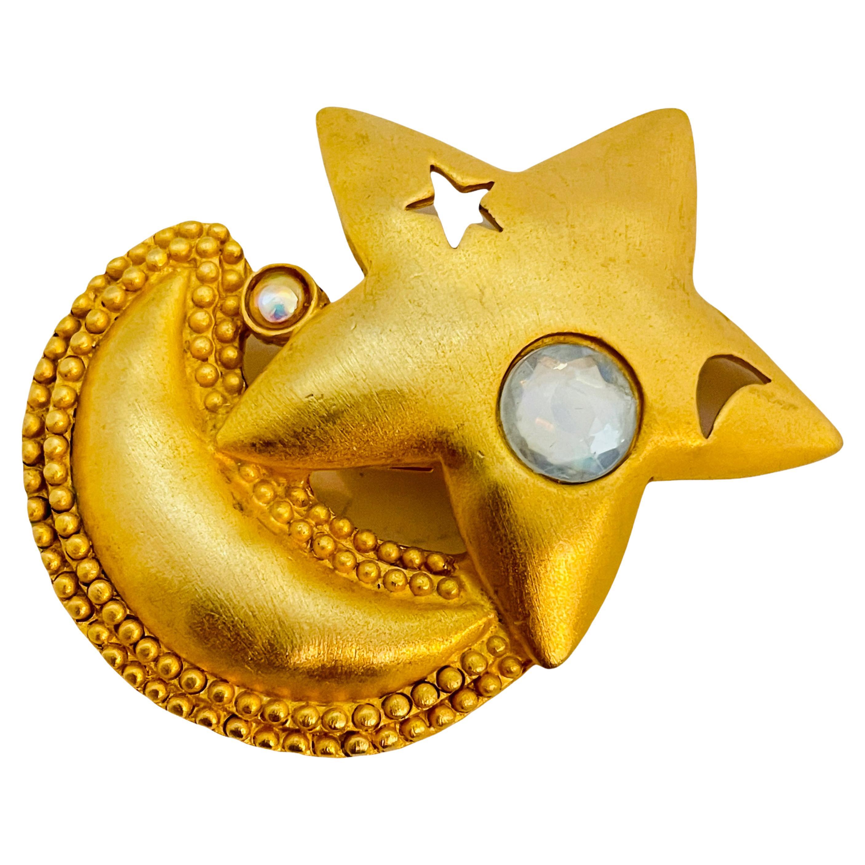 Vintage matte gold moon star rhinestone designer runway brooch For Sale ...