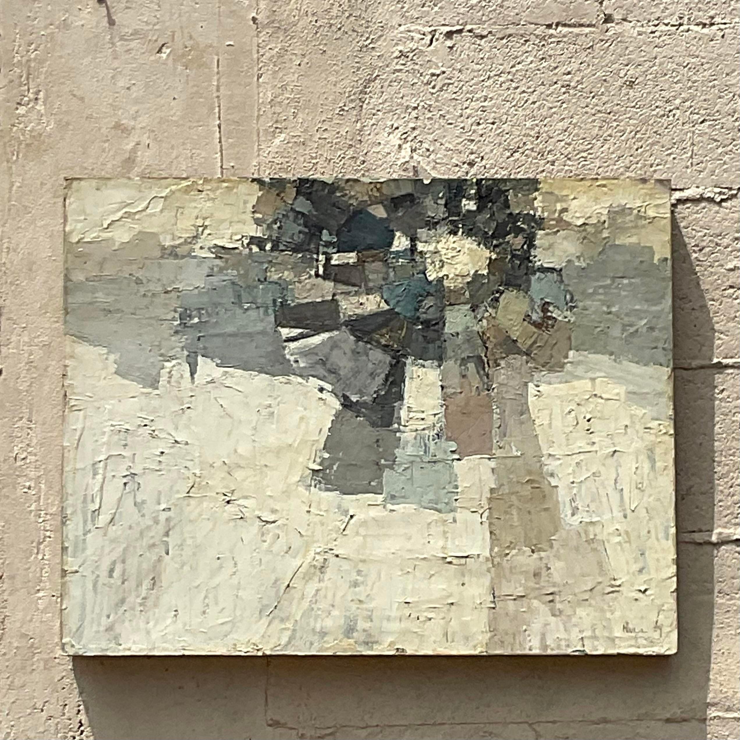 Vintage MCM Abstract 1959 Signed Original Oil on Canvas at 1stDibs