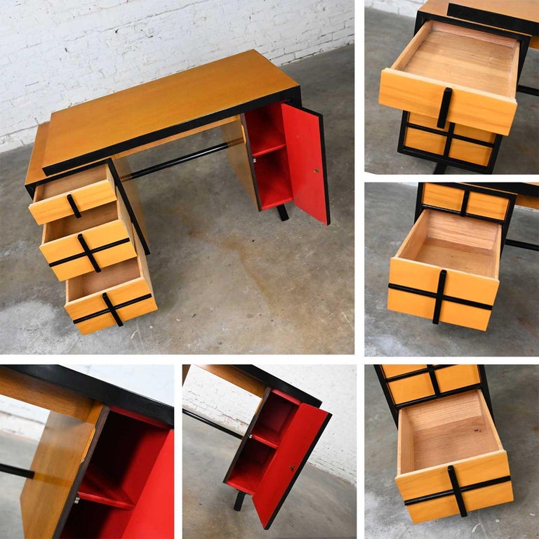 Vintage MCM Art Deco Maple Colored Desk Black Accents American of ...