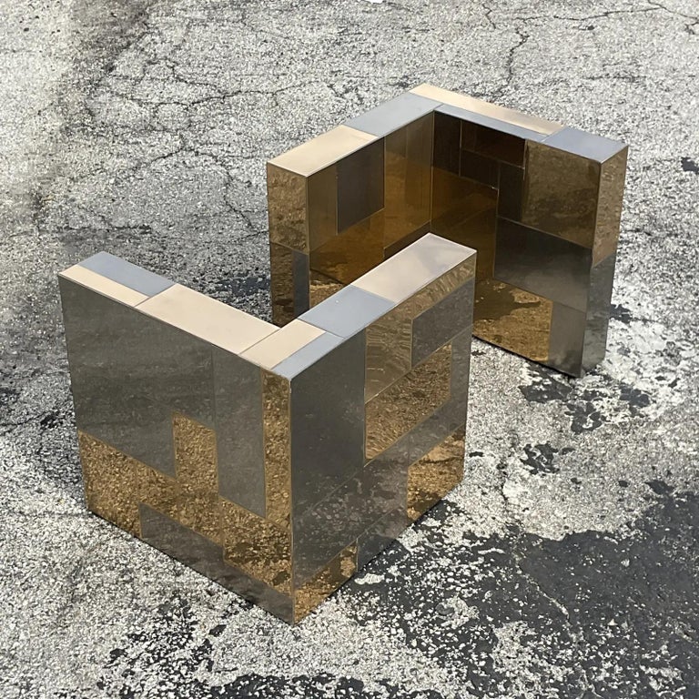 Vintage MCM Brutalist Patchwork Metal Coffee Table Pedestals After Paul ...