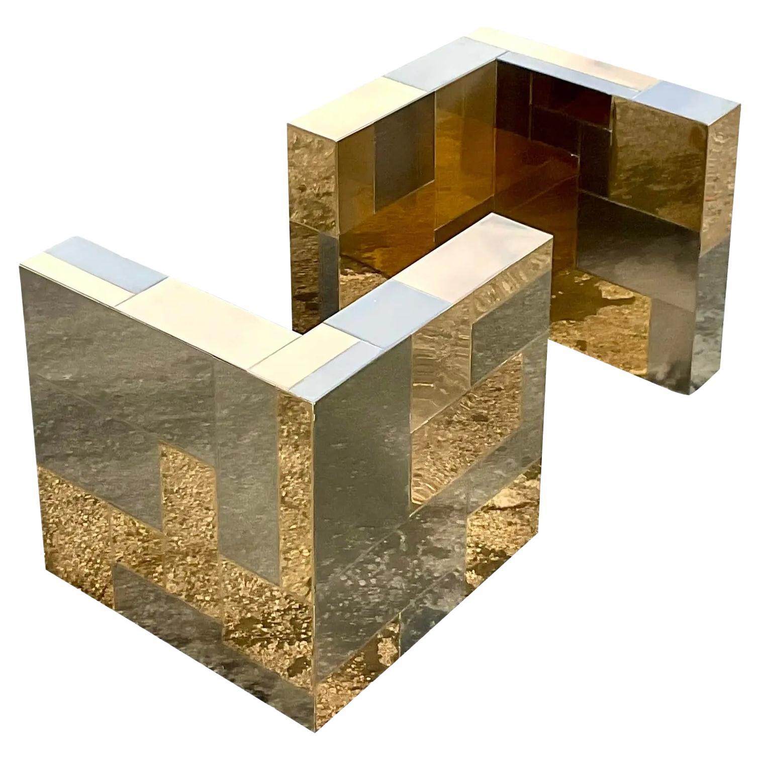 Vintage MCM Brutalist Patchwork Metal Coffee Table Pedestals After Paul ...
