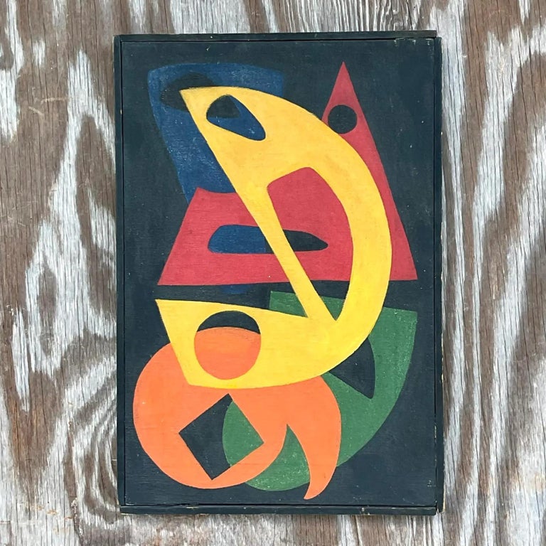Vintage MCM Geometric Abstract Original Oil Painting For Sale at 1stDibs