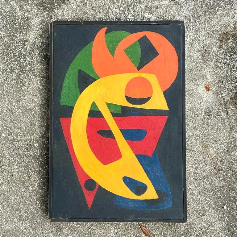 Vintage MCM Geometric Abstract Original Oil Painting For Sale at 1stDibs