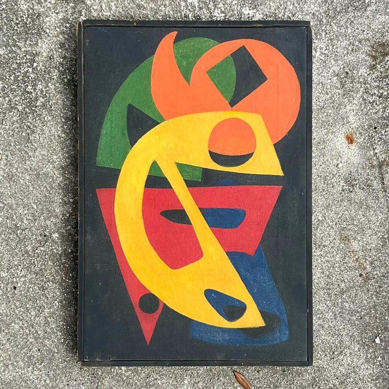 Vintage MCM Geometric Abstract Original Oil Painting For Sale at 1stDibs