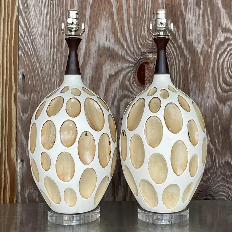 Vintage MCM Glazed Ceramic Crater Lamps, a Pair For Sale at 1stDibs